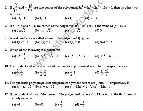 CBSE Class 10 Mathematics Polynomials MCQs Set D, Multiple Choice ... CBSE Class 10 Mathematics Polynomials MCQs Set D, Multiple Choice ...